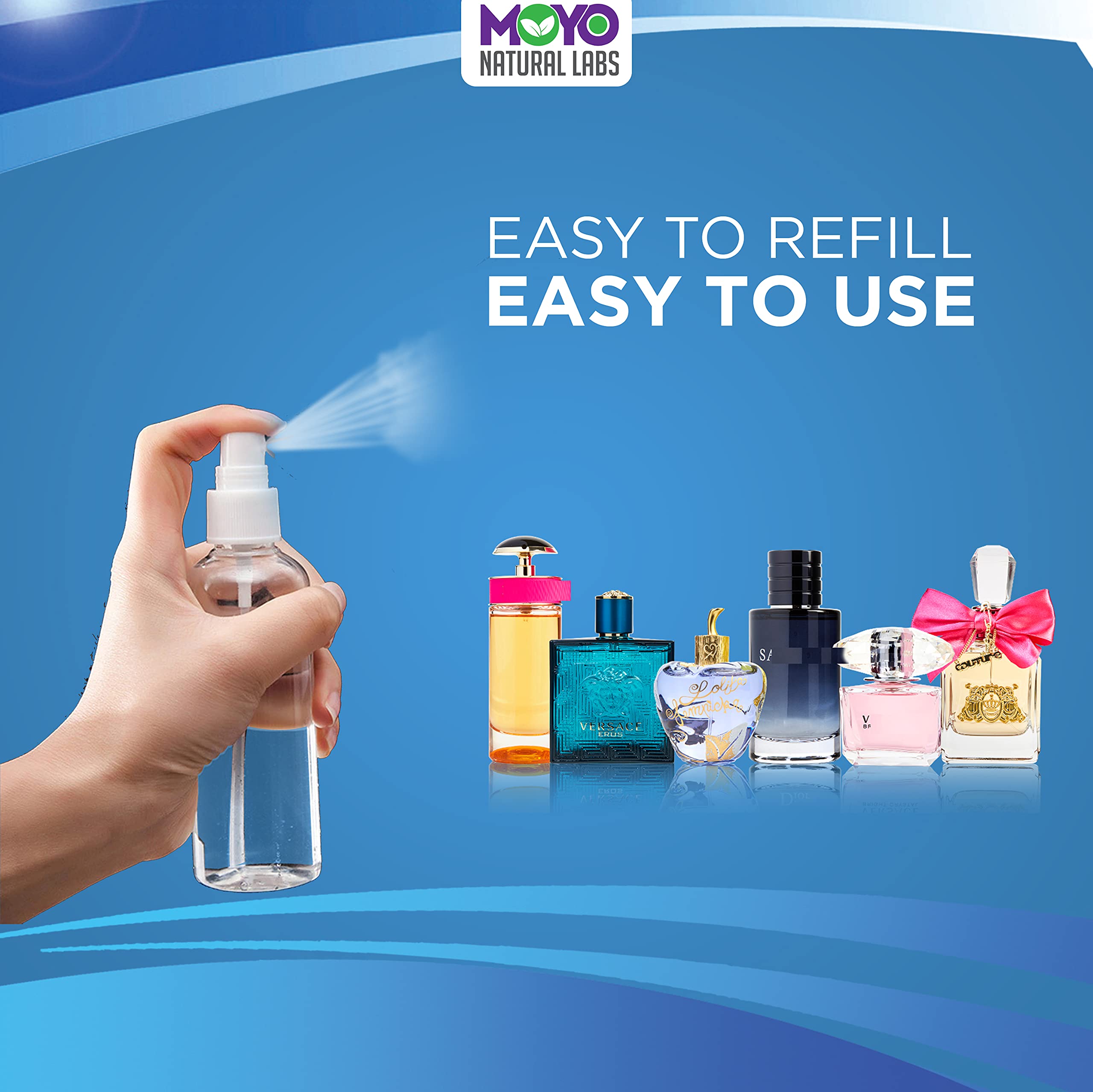 MoYo Natural Labs 4 oz Spray Bottles Fine Mist Empty Travel Containers, BPA Free HDPE Plastic for Essential Oils and Liquids/Cosmetics (Neck 20-410) (Pack of 12, Translucent HDPE Bottle White Spray)