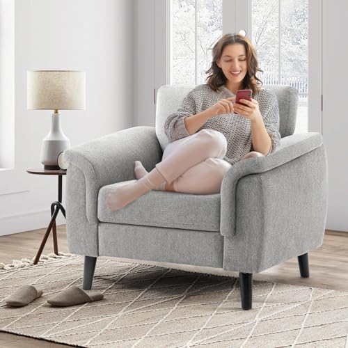 ELUCHANG Oversized Accent Chair, Linen Fabric Mid Century Modern Chair with Solid Wood Frame & Soft Cushion, Comfy Upholstered Armchair Reading Chairs for Living Room, Small Spaces, Light Gray, 2PCS