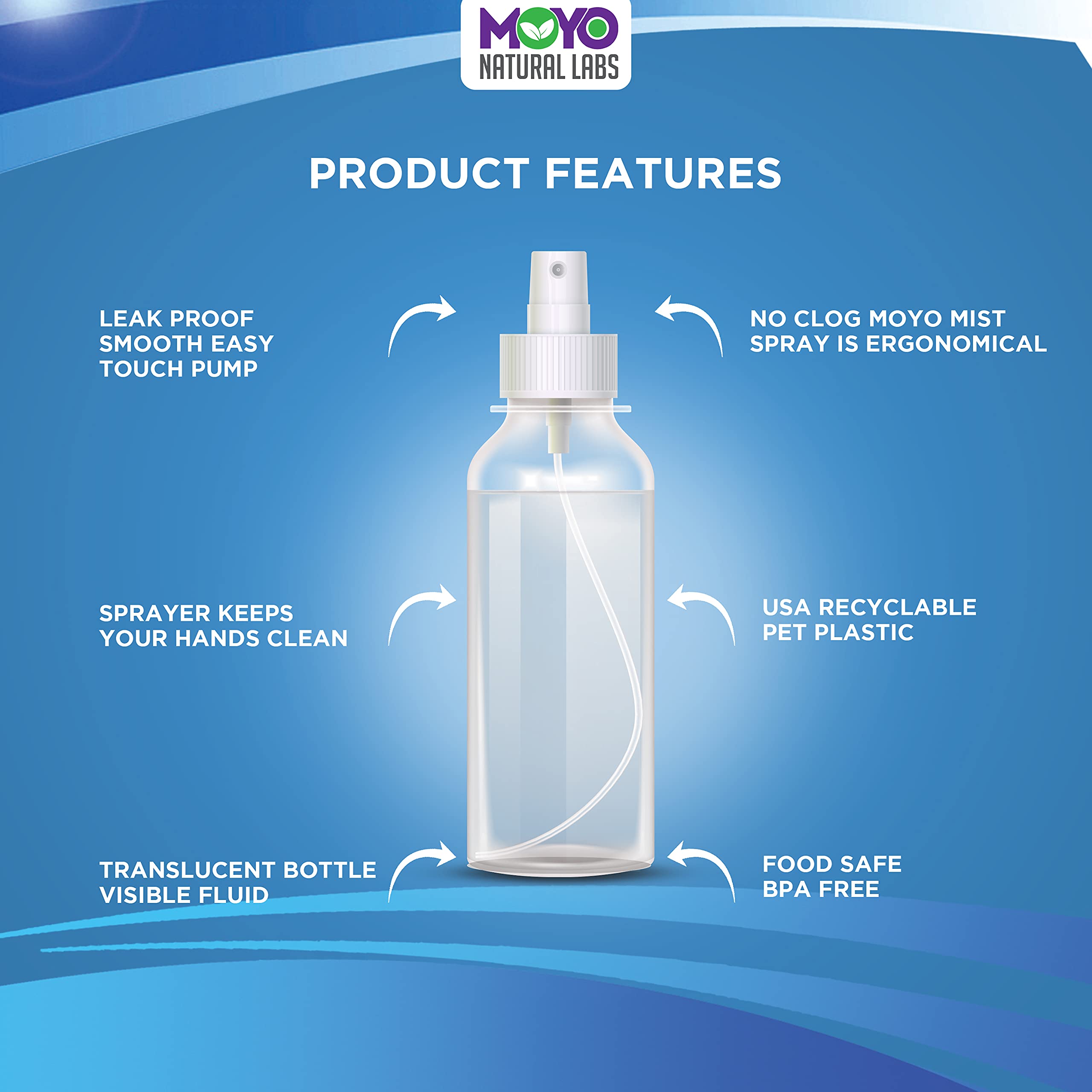 MoYo Natural Labs 4 oz Spray Bottles Fine Mist Empty Travel Containers, BPA Free HDPE Plastic for Essential Oils and Liquids/Cosmetics (Neck 20-410) (Pack of 12, Translucent HDPE Bottle White Spray)
