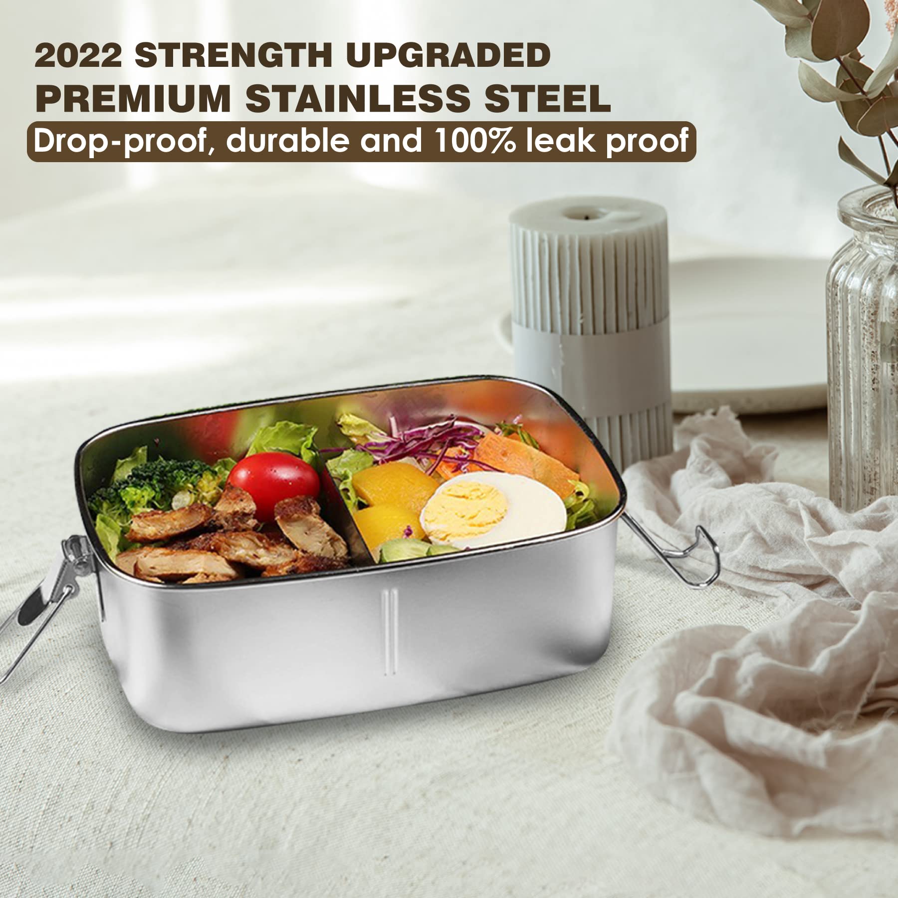 SUBRON Stainless Steel Bento Box with Removable Divider, 1100ML 2 Compartment Metal Lunch Box 100% Leak Proof Food Containers with Secure Locks, Fits in Lunch Bag & Backpack