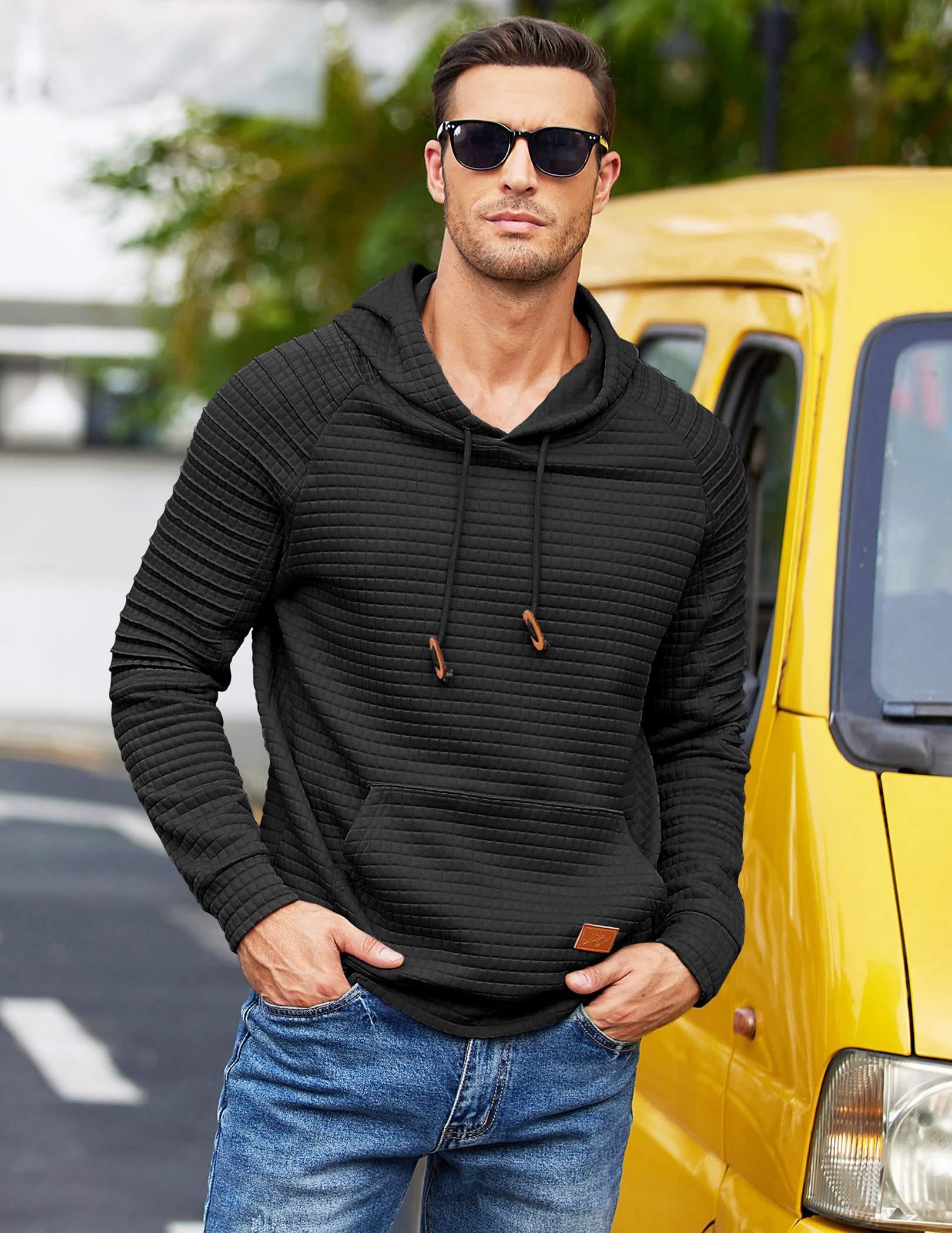 COOFANDY Men's Knit Hoodie Pullover Fashion Hip Hop Long Sleeve Drawstring Waffle Hooded Sweatshirt with Kanga Pocket, Black, Large
