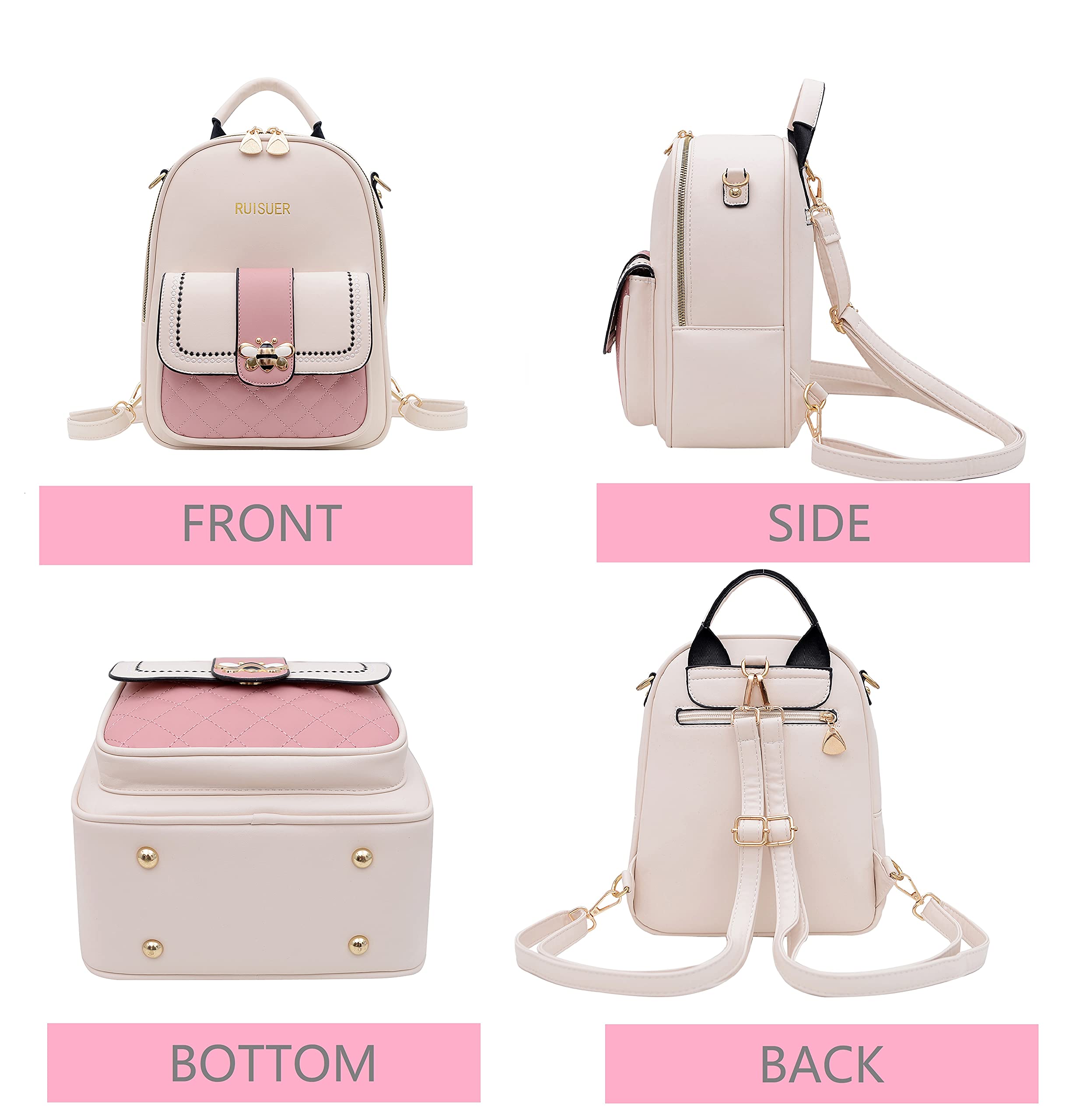 RUISUER Backpack Purse for Teen Girls Mini Backpack for Women Cute PU Leather Bookbag Small Shoulder Bag Handbag White
