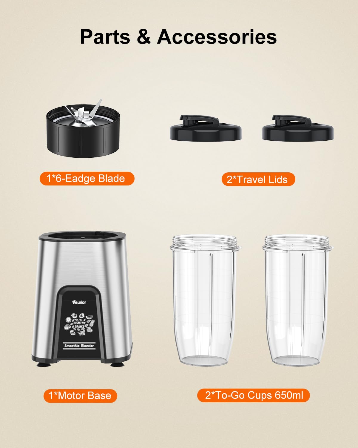 VEWIOR Smoothie Bullet Blender for Shakes and Smoothies 850W, 12 Pieces Personal Blenders for Kitchen with 6 Fins Blender Blade, Smoothie Blender with 2*23 oz To-Go Cups