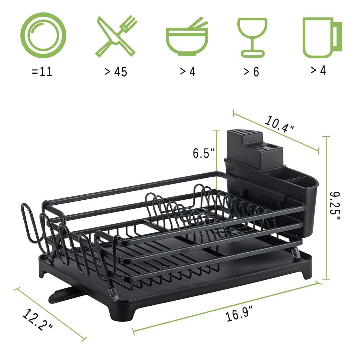 RTTRAO Luling Aluminum Dish Drying Rack, Rustproof Sink Dish Rack and Drainboard Set, Dish Drainer with Adjustable Swivel Spout, Removable Utensil Holder and Drainboard - Black