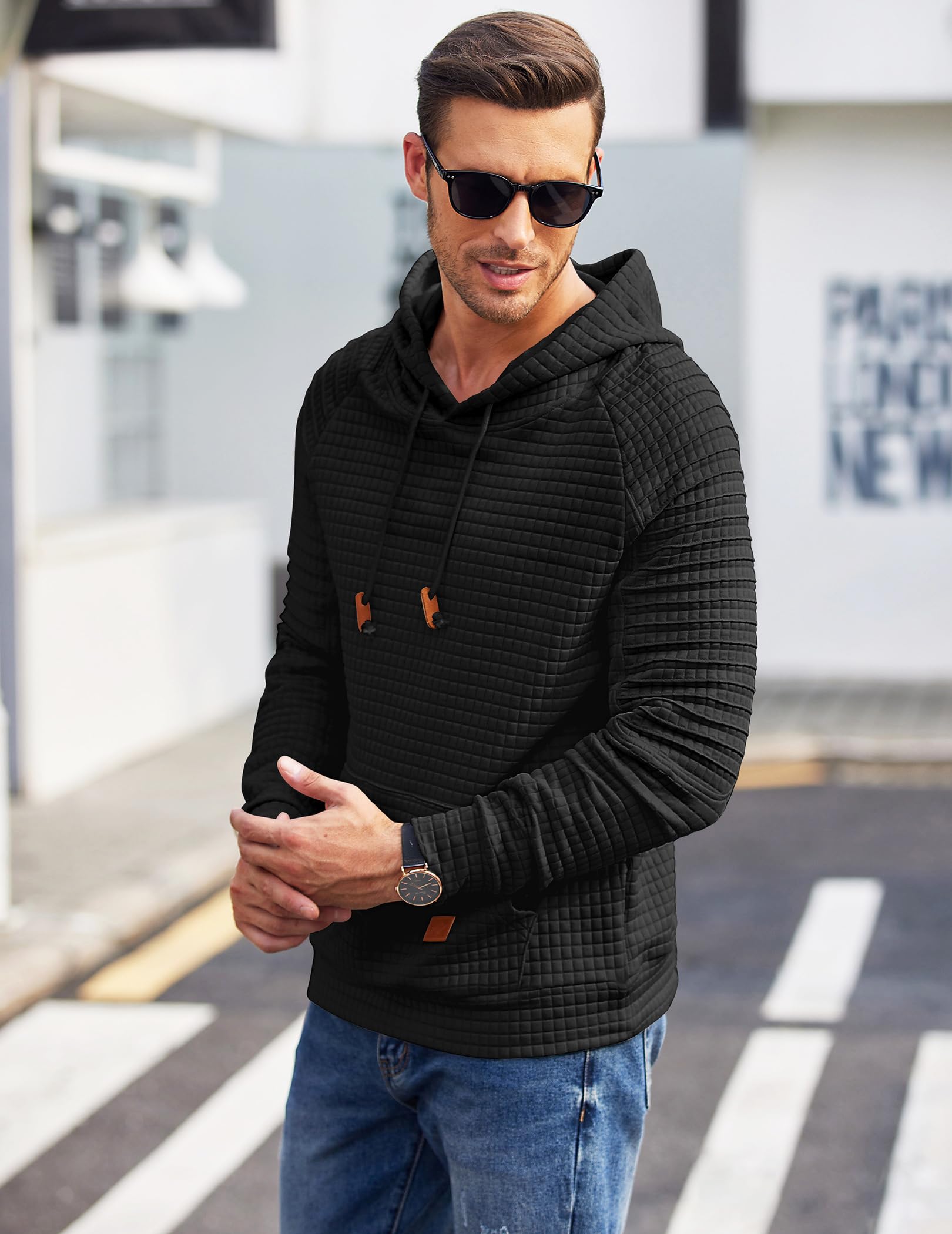 COOFANDY Men's Knit Hoodie Pullover Fashion Hip Hop Long Sleeve Drawstring Waffle Hooded Sweatshirt with Kanga Pocket, Black, Large