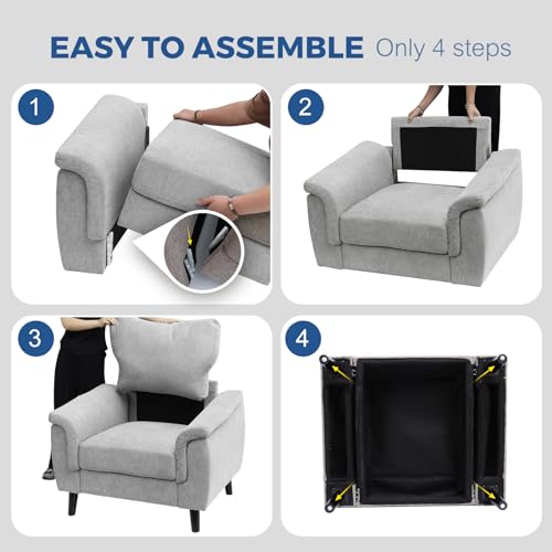 ELUCHANG Oversized Accent Chair, Linen Fabric Mid Century Modern Chair with Solid Wood Frame & Soft Cushion, Comfy Upholstered Armchair Reading Chairs for Living Room, Small Spaces, Light Gray, 2PCS
