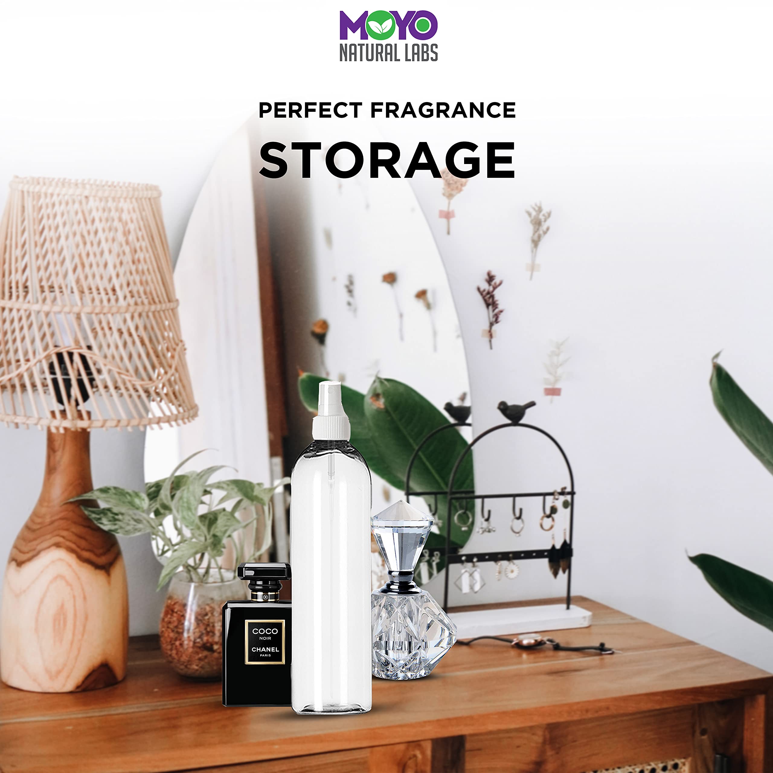 MoYo Natural Labs 4 oz Spray Bottles Fine Mist Empty Travel Containers, BPA Free HDPE Plastic for Essential Oils and Liquids/Cosmetics (Neck 20-410) (Pack of 12, Translucent HDPE Bottle White Spray)