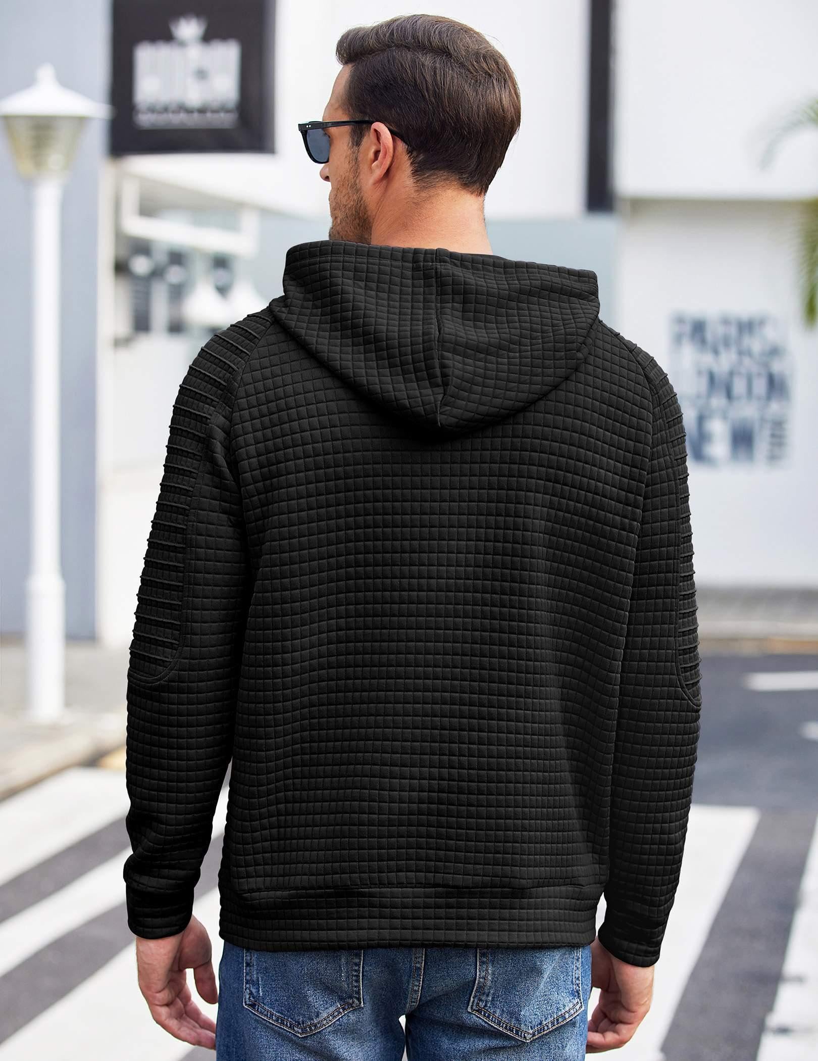 COOFANDY Men's Knit Hoodie Pullover Fashion Hip Hop Long Sleeve Drawstring Waffle Hooded Sweatshirt with Kanga Pocket, Black, Large