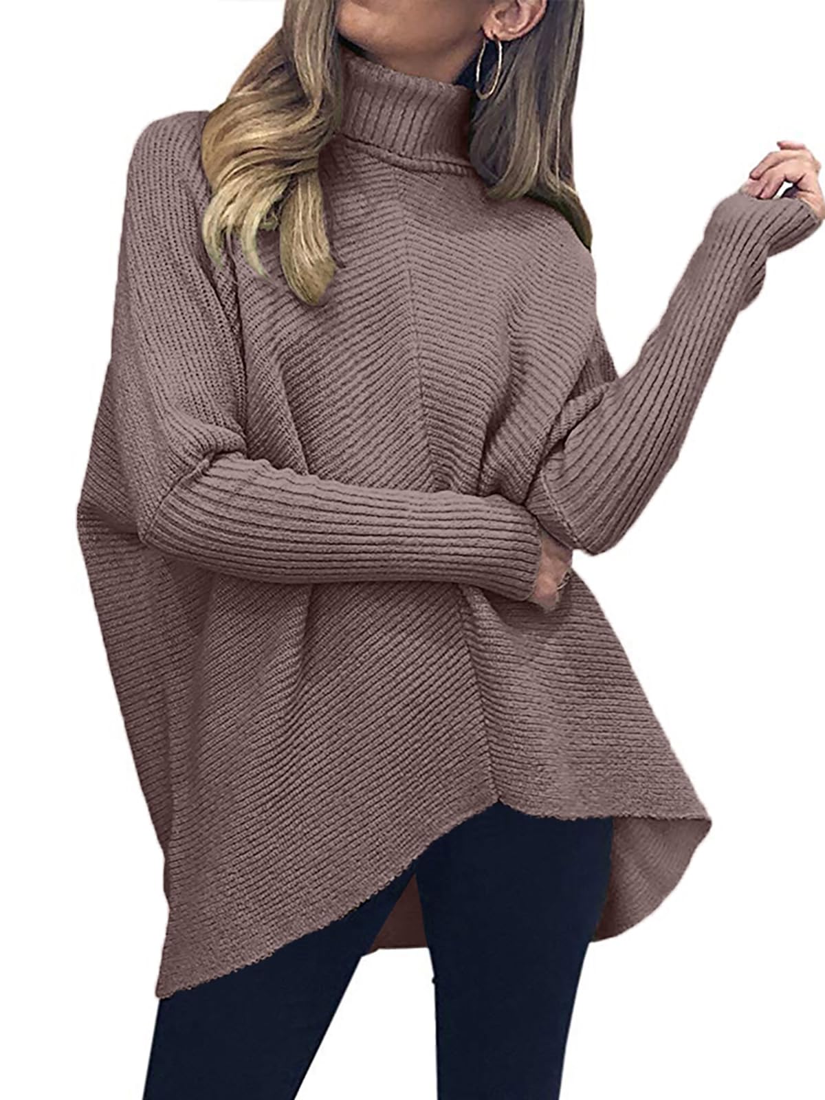 Caracilia Women Turtleneck Batwing Sweaters Oversized Tunic Sweater 2023 Fall Turtleneck High Low Sweater Pullover Knit Jumper Winter Clothes C8A7-doukou-L Brown