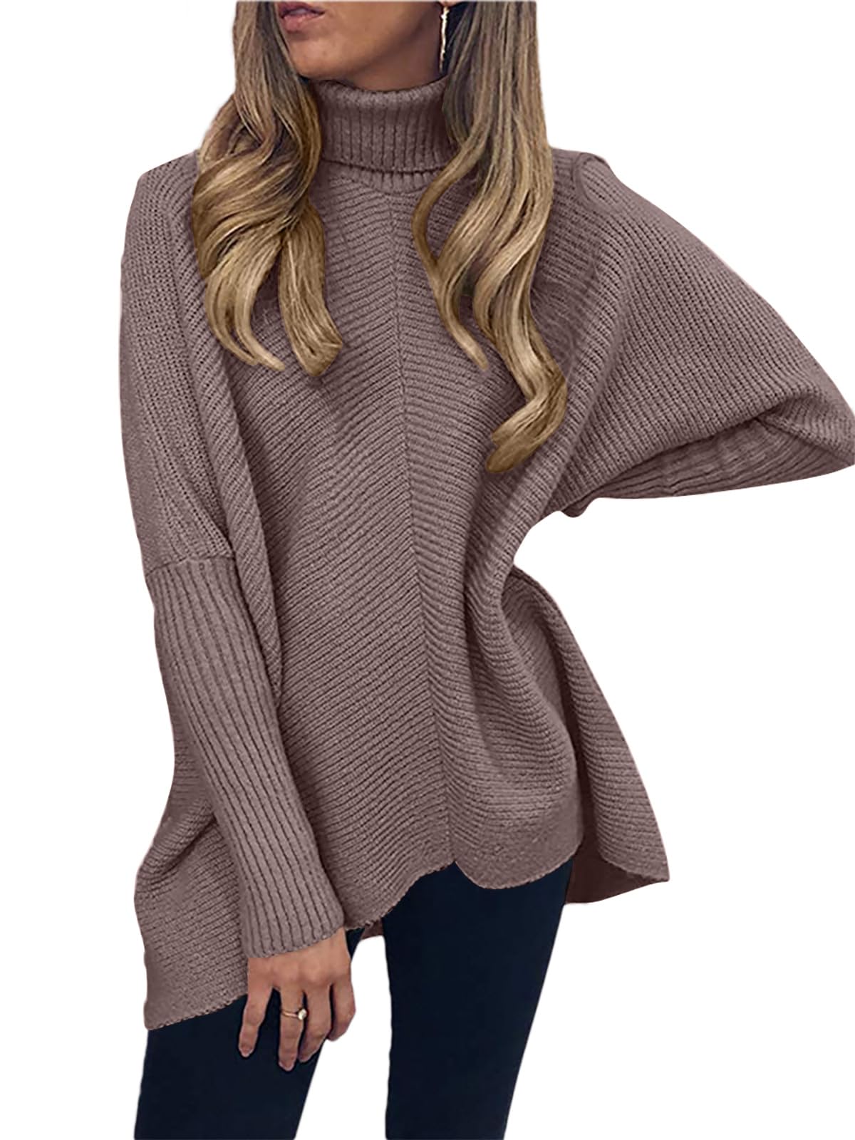 Caracilia Women Turtleneck Batwing Sweaters Oversized Tunic Sweater 2023 Fall Turtleneck High Low Sweater Pullover Knit Jumper Winter Clothes C8A7-doukou-L Brown