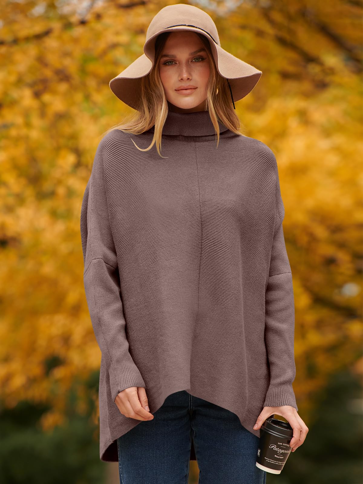 Caracilia Women Turtleneck Batwing Sweaters Oversized Tunic Sweater 2023 Fall Turtleneck High Low Sweater Pullover Knit Jumper Winter Clothes C8A7-doukou-L Brown