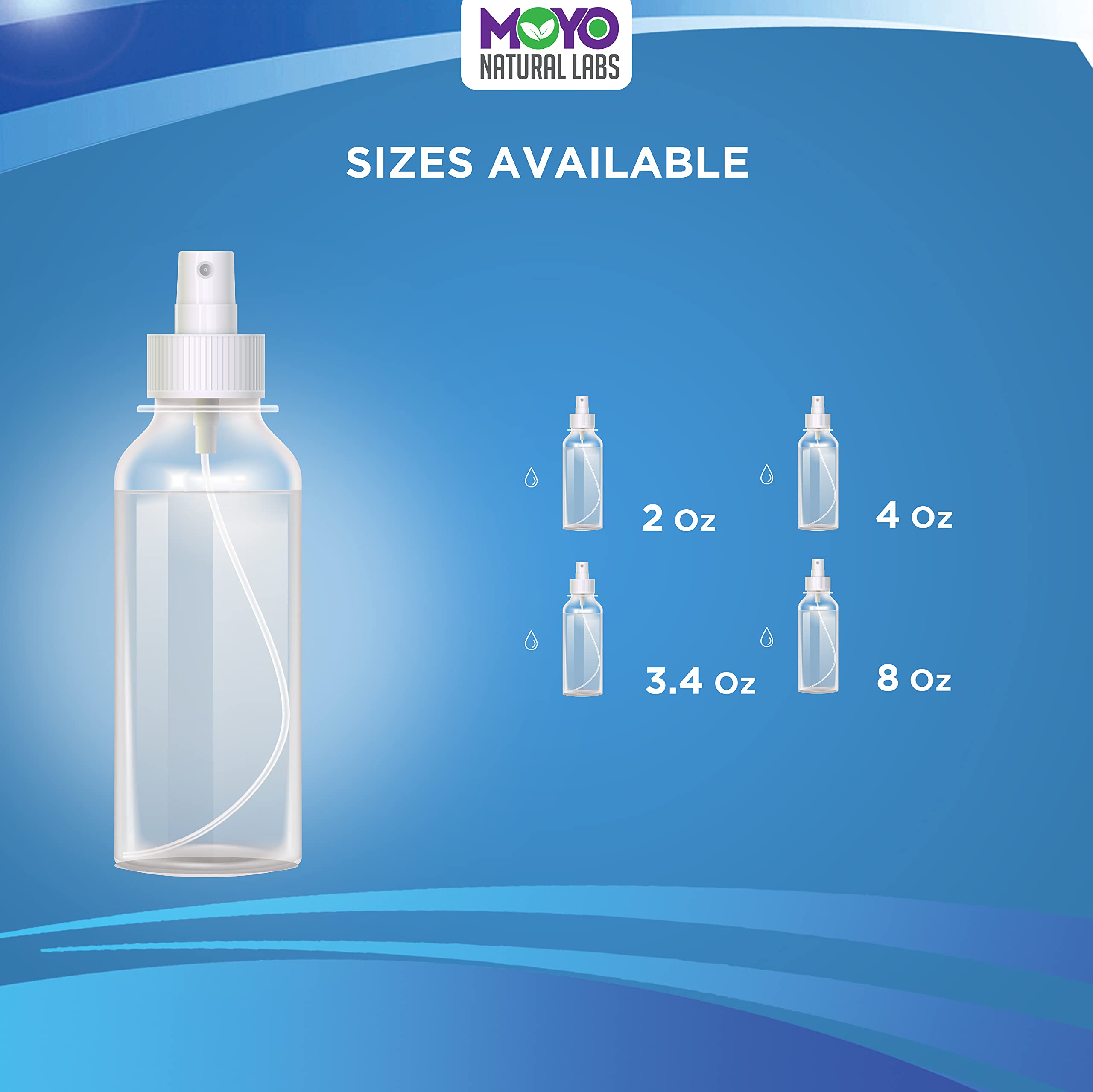 MoYo Natural Labs 4 oz Spray Bottles Fine Mist Empty Travel Containers, BPA Free HDPE Plastic for Essential Oils and Liquids/Cosmetics (Neck 20-410) (Pack of 12, Translucent HDPE Bottle White Spray)