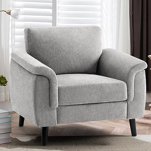 ELUCHANG Oversized Accent Chair, Linen Fabric Mid Century Modern Chair with Solid Wood Frame & Soft Cushion, Comfy Upholstered Armchair Reading Chairs for Living Room, Small Spaces, Light Gray, 2PCS