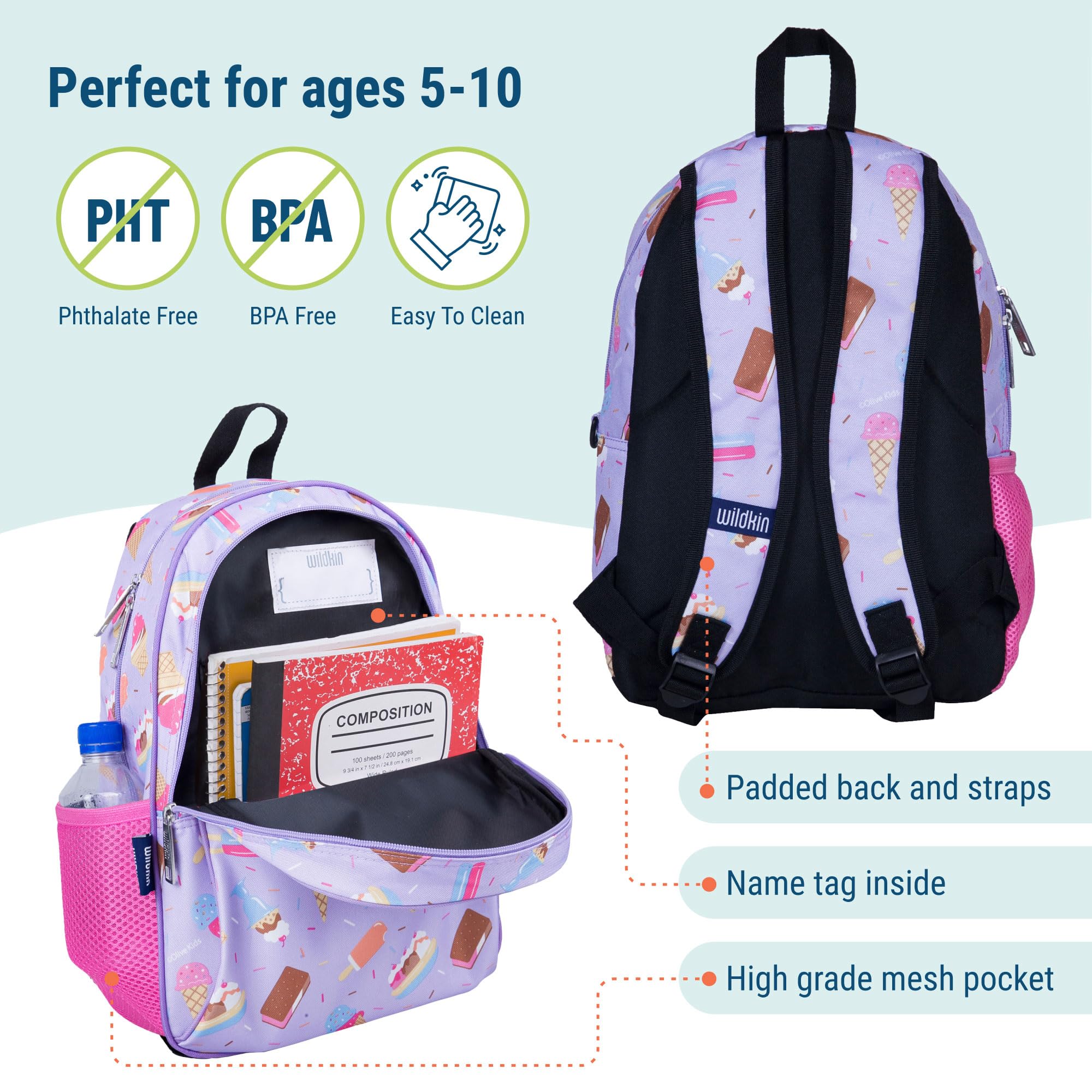Wildkin 15-Inch Kids Backpack for Boys & Girls, Perfect for Early Elementary Daycare School Travel, Features Padded Back & Adjustable Strap (Sweet Dreams)