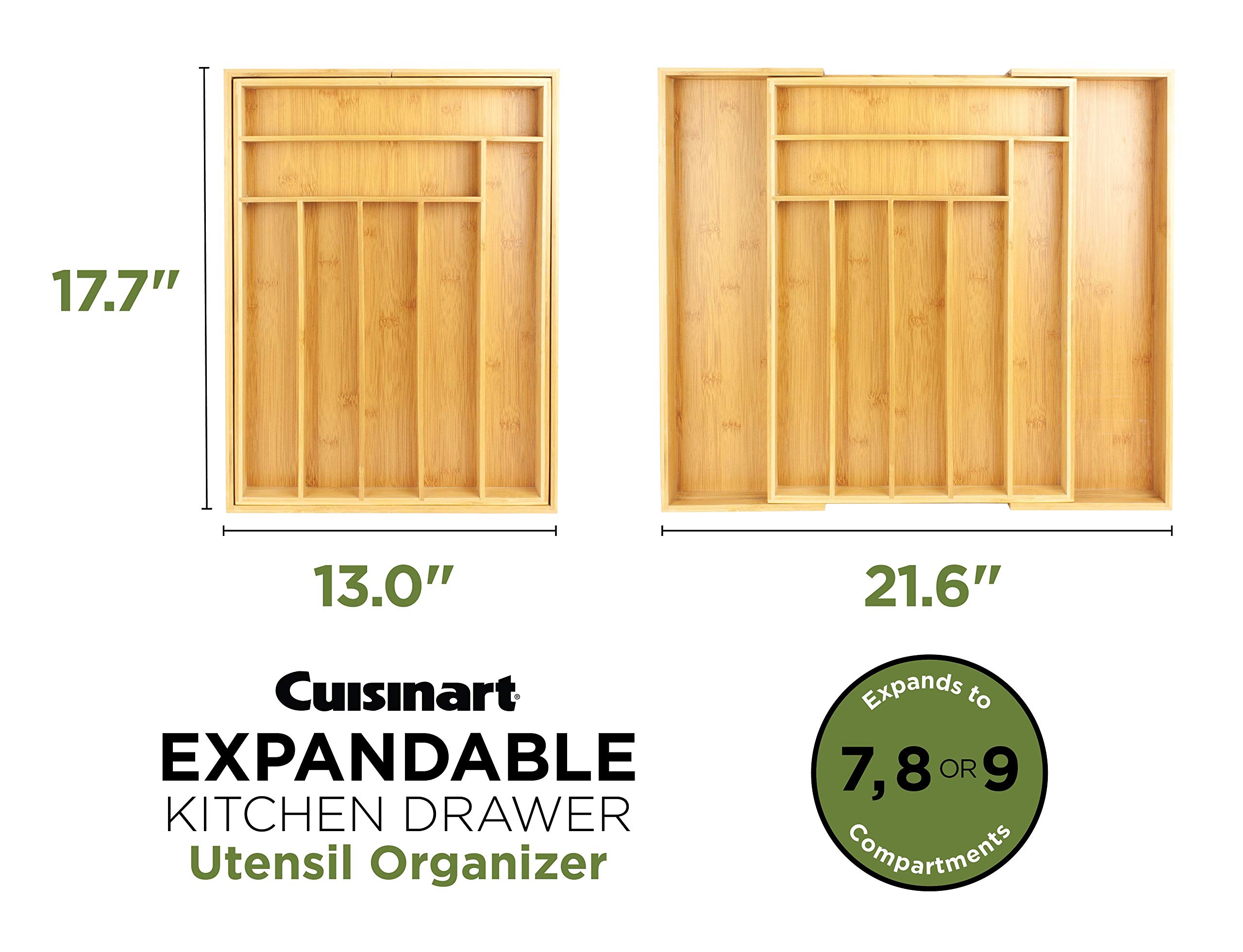Cuisinart 9 Compartment Adjustable Bamboo Utensil Organizer – Ideal for Keeping Kitchen Supplies and Silverware Organized – Flatware Drawer Tray for Multi-Purpose Storage 18 x 13 x 2 Inches