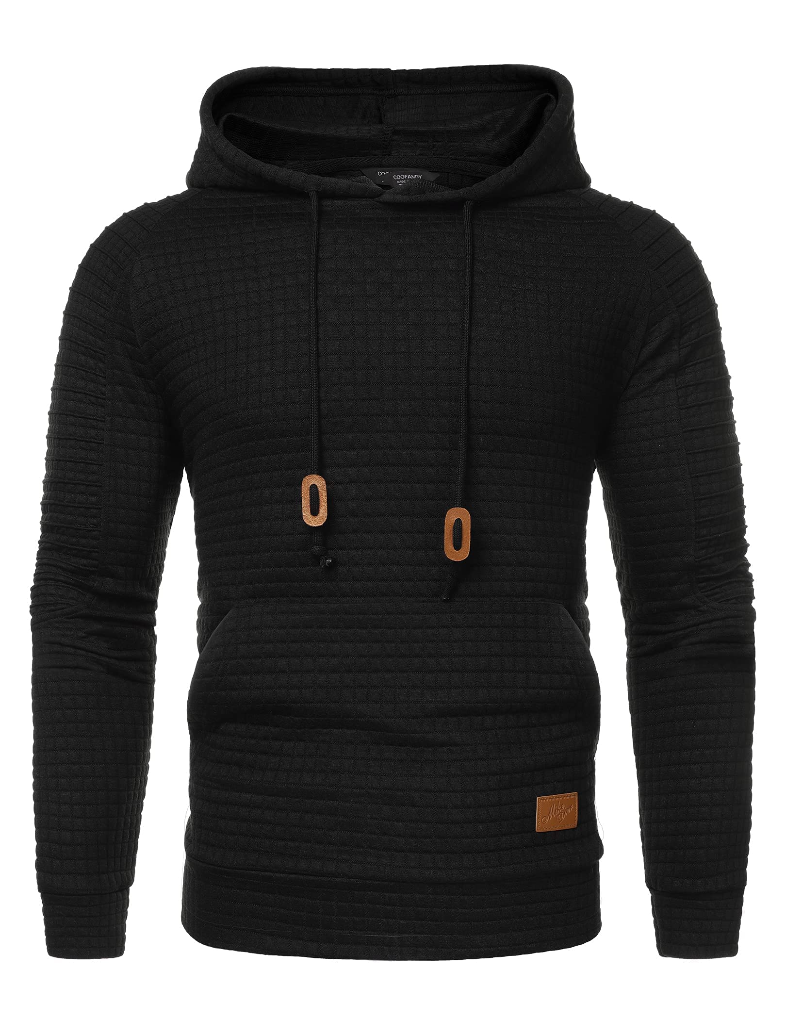 COOFANDY Men's Knit Hoodie Pullover Fashion Hip Hop Long Sleeve Drawstring Waffle Hooded Sweatshirt with Kanga Pocket, Black, Large