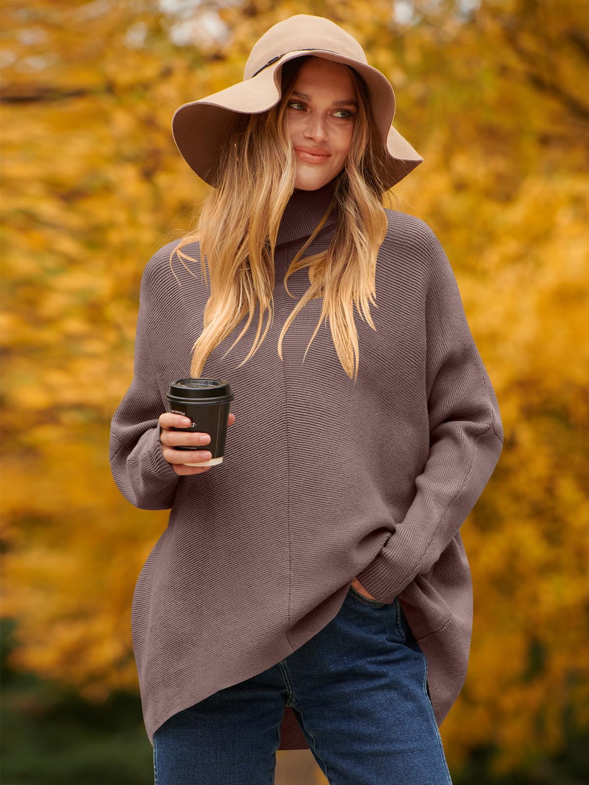 Caracilia Women Turtleneck Batwing Sweaters Oversized Tunic Sweater 2023 Fall Turtleneck High Low Sweater Pullover Knit Jumper Winter Clothes C8A7-doukou-L Brown