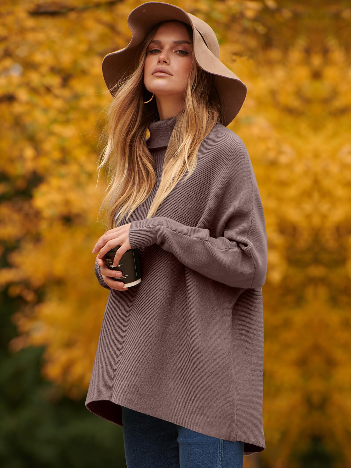 Caracilia Women Turtleneck Batwing Sweaters Oversized Tunic Sweater 2023 Fall Turtleneck High Low Sweater Pullover Knit Jumper Winter Clothes C8A7-doukou-L Brown