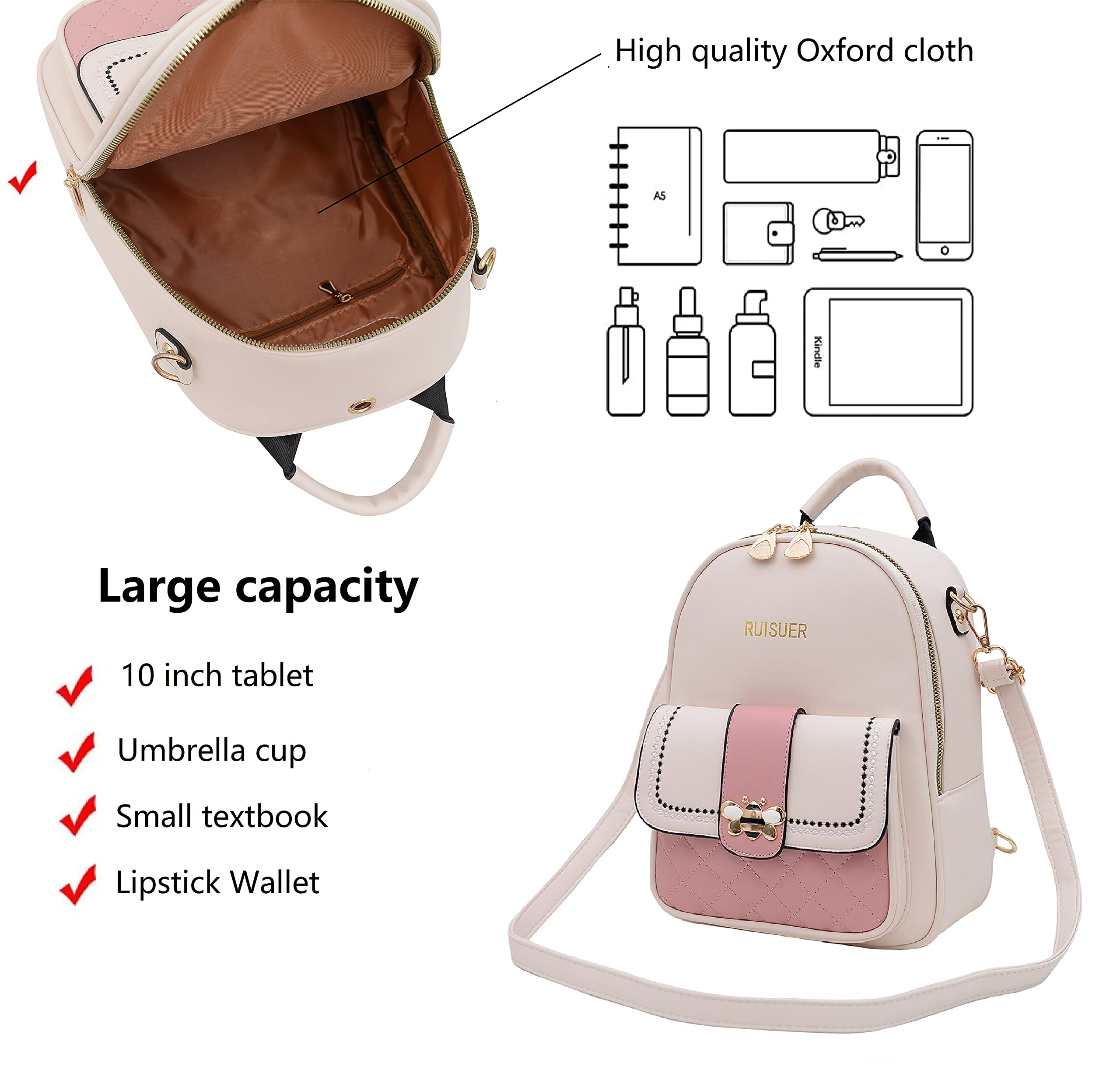 RUISUER Backpack Purse for Teen Girls Mini Backpack for Women Cute PU Leather Bookbag Small Shoulder Bag Handbag White