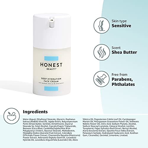 Honest Beauty Deep Hydration Face Cream with Baobab Seed Oil & Shea Butter | Hypoallergenic + Dermatologist Tested Non-comedogenic & Cruelty free|1.69 fl. oz.