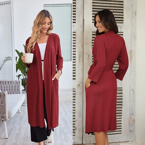 Ekouaer Women's Robes Long Bathrobes Jacquard Knit Spa Shower Robe Fixed Belt Sleepwear with Two Pockets S-3XL