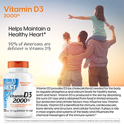 Doctor's Best Vitamin D3 2 000 IU Healthy Bones Teeth Heart Immune Support NonGMO GlutenFree Soy Free , 180 Count