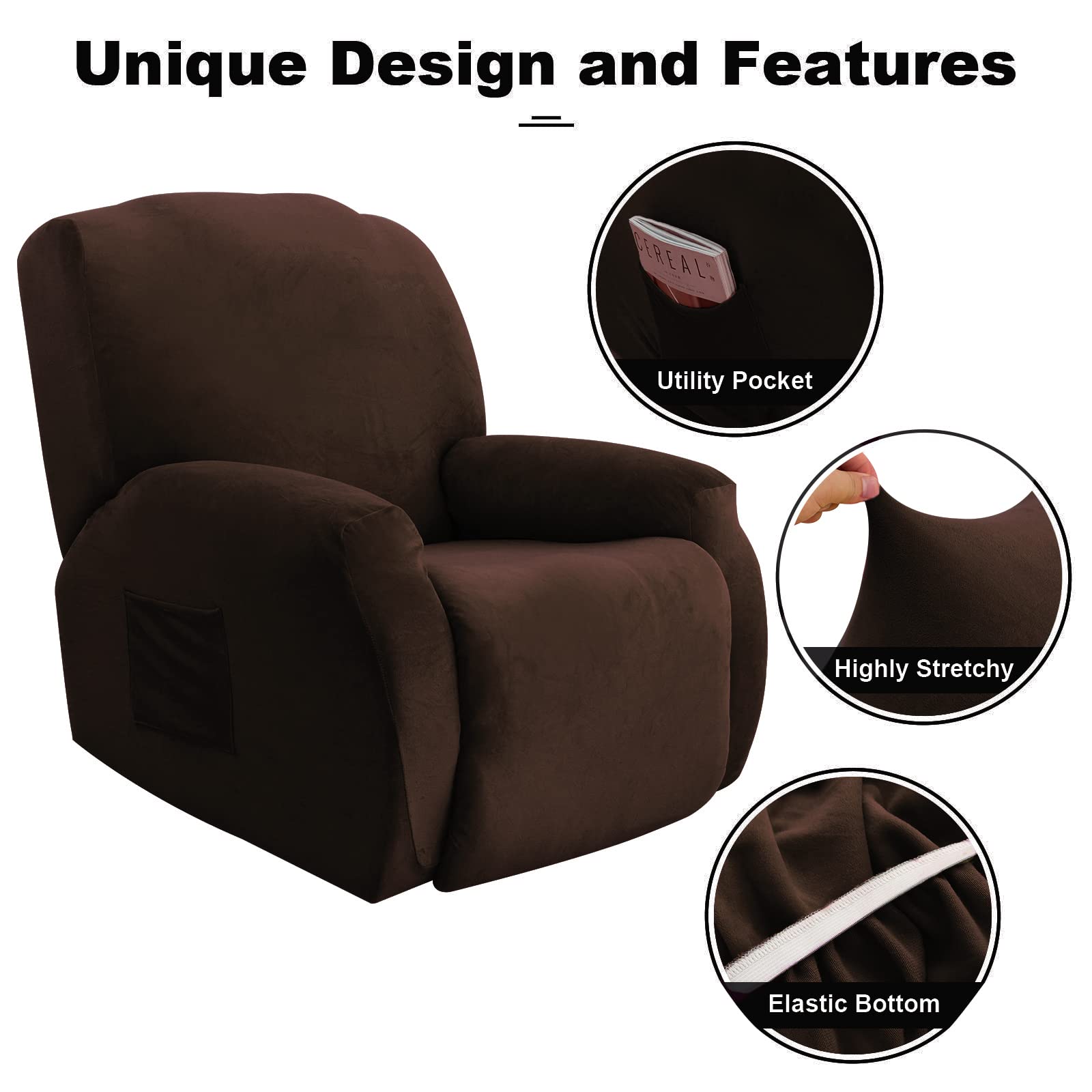 OKYUK Recliner Slipcovers 4-Pieces, Oversized Recliner Stretch Sofa Cover 1 Seat Couch Soft Furniture Protector with Elastic Velvet Fabric, Single Seat Recliner Couch Cover, Machine Washable(Coffee)