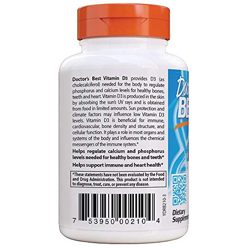 Doctor's Best Vitamin D3 2 000 IU Healthy Bones Teeth Heart Immune Support NonGMO GlutenFree Soy Free , 180 Count
