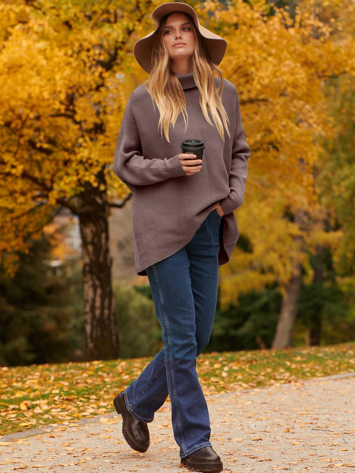 Caracilia Women Turtleneck Batwing Sweaters Oversized Tunic Sweater 2023 Fall Turtleneck High Low Sweater Pullover Knit Jumper Winter Clothes C8A7-doukou-L Brown