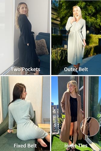 Ekouaer Women's Robes Long Bathrobes Jacquard Knit Spa Shower Robe Fixed Belt Sleepwear with Two Pockets S-3XL