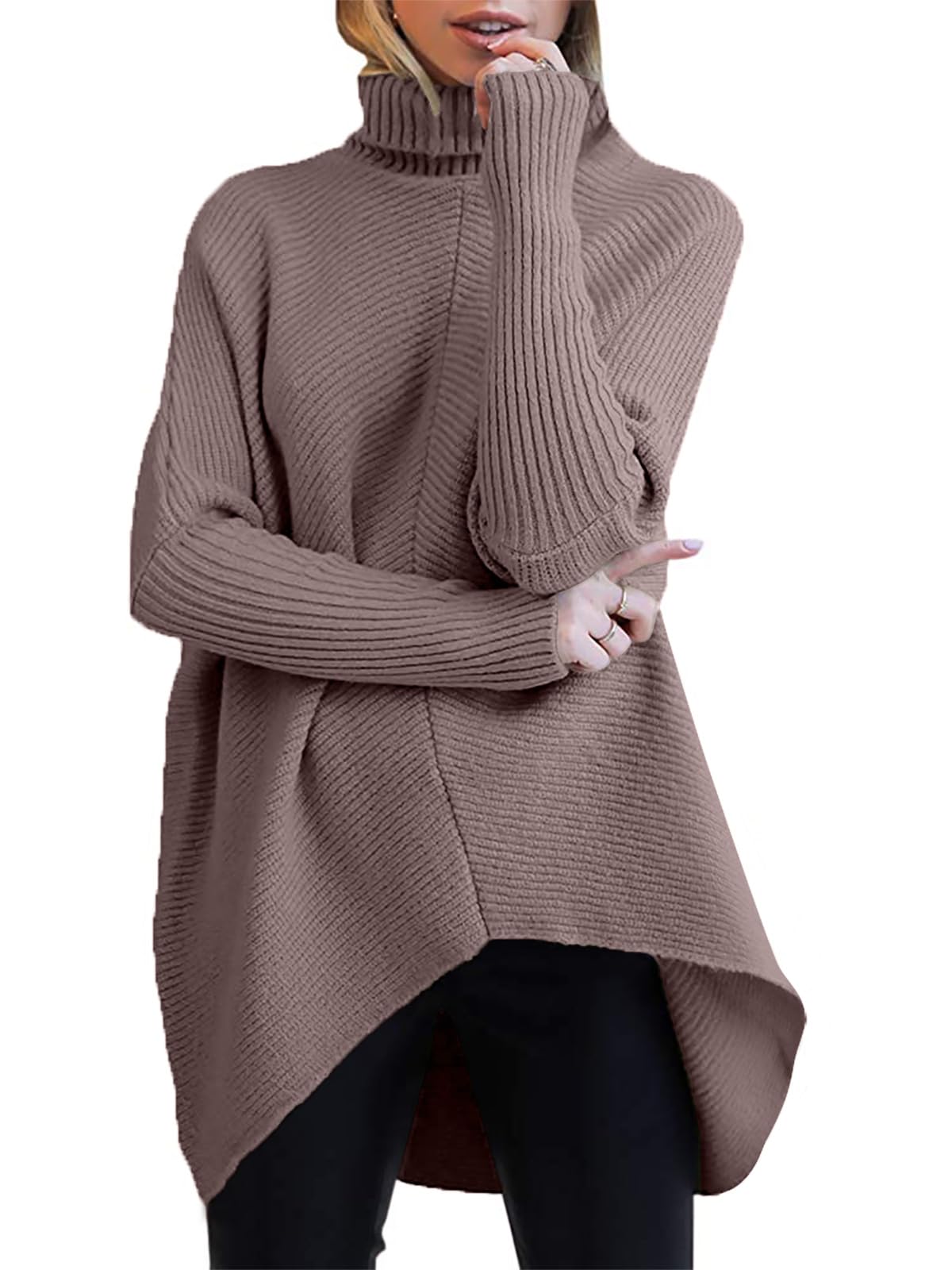 Caracilia Women Turtleneck Batwing Sweaters Oversized Tunic Sweater 2023 Fall Turtleneck High Low Sweater Pullover Knit Jumper Winter Clothes C8A7-doukou-L Brown