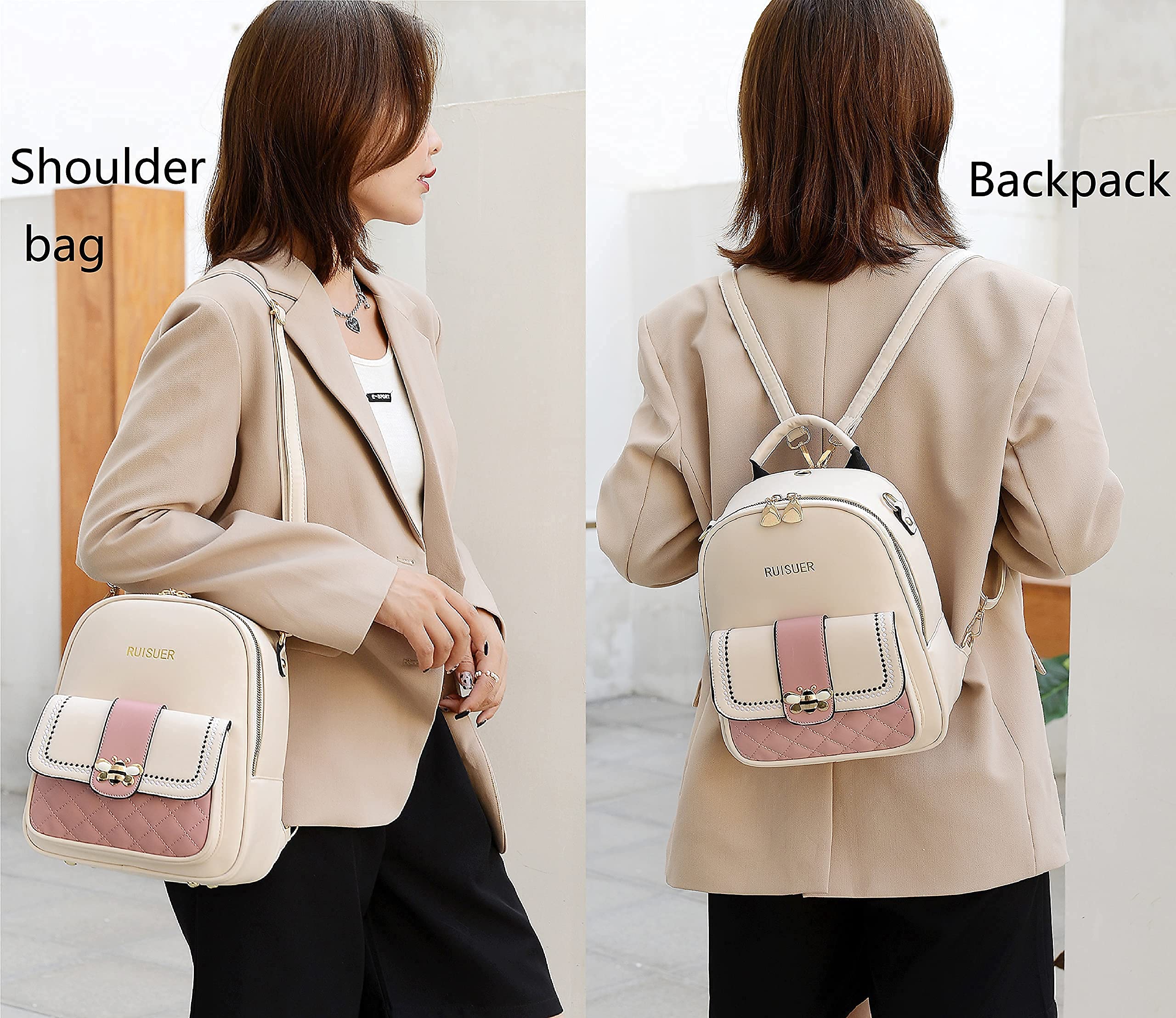 RUISUER Backpack Purse for Teen Girls Mini Backpack for Women Cute PU Leather Bookbag Small Shoulder Bag Handbag White