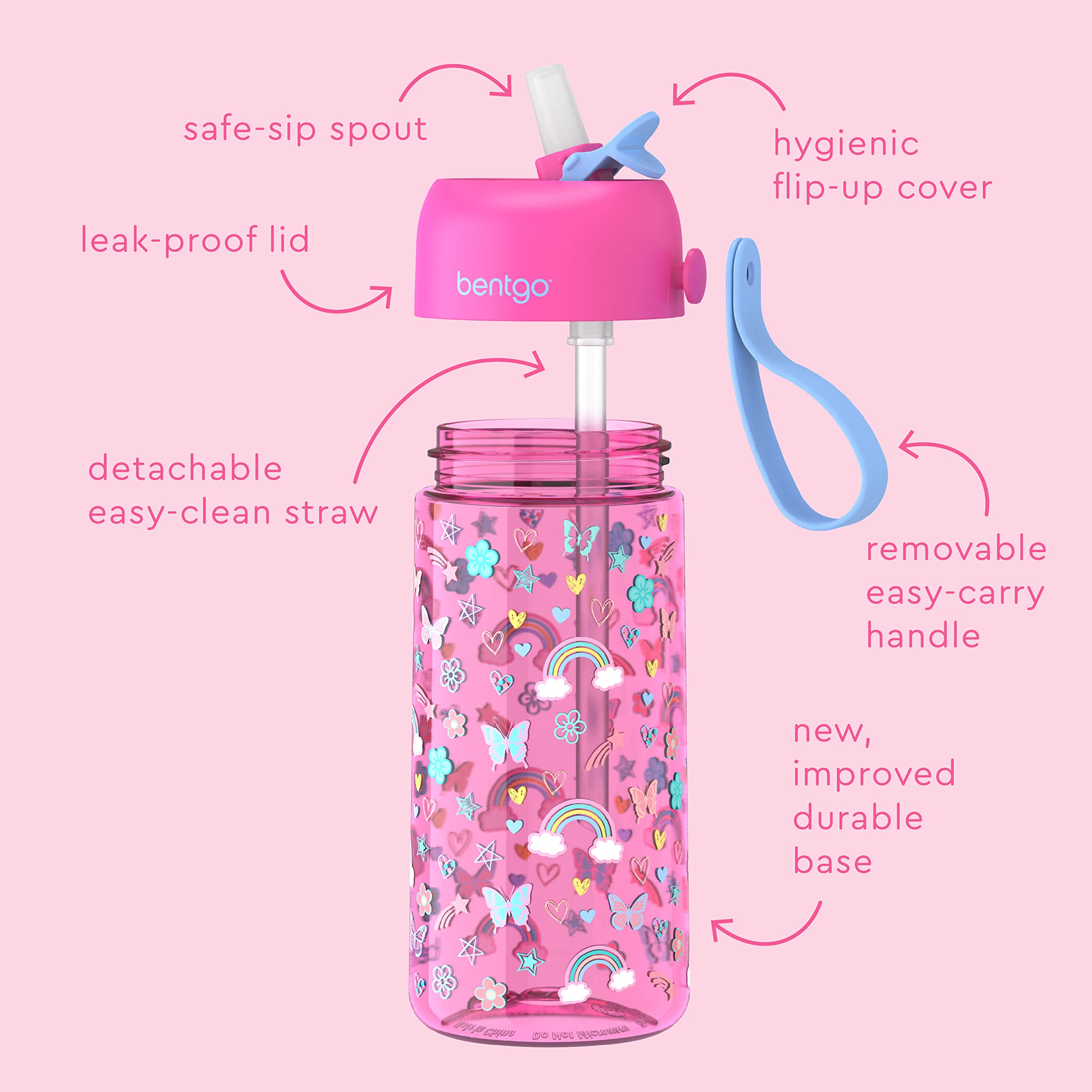 Bentgo® Kids Water Bottle - New & Improved 2023 Set With 2-Pack of Water Bottle Replacement Straws (Rainbow)