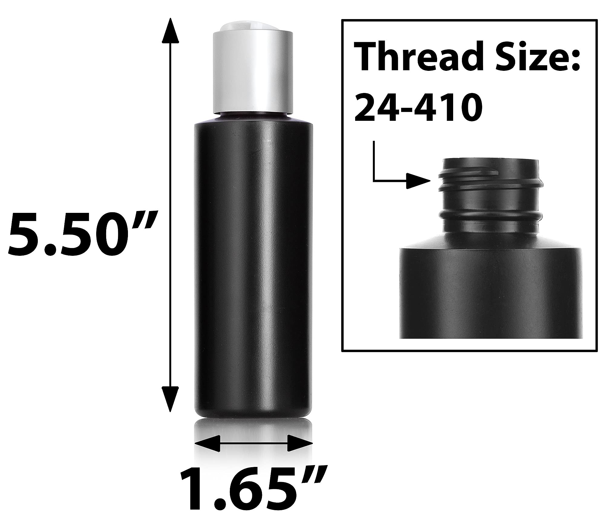 JUVITUS Black 4 oz Squeeze Cylinder Plastic (BPA Free) Empty Refillable Bottle with Silver Smooth Disc Caps (6 Pack) + Labels