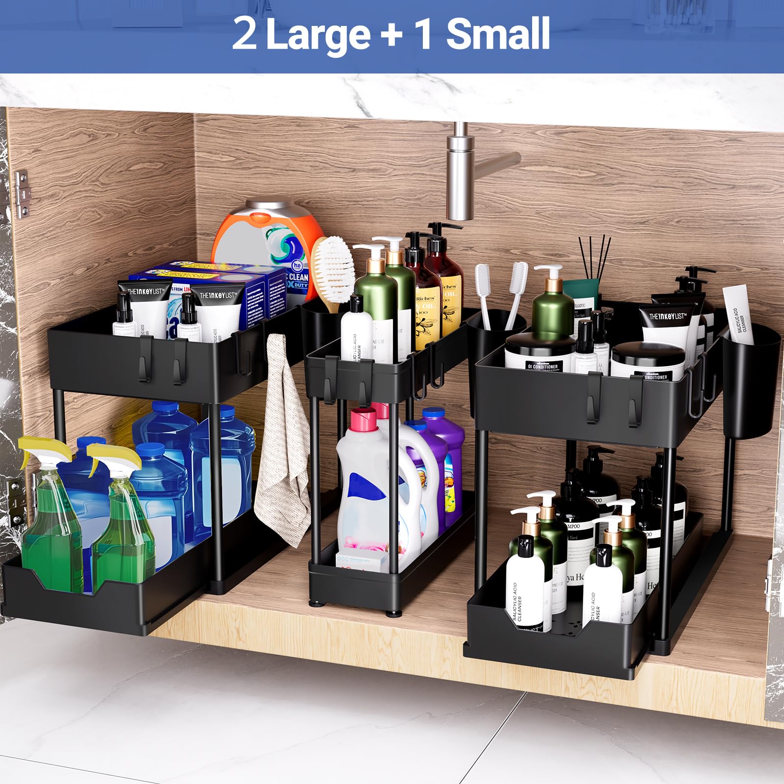 3 Pack Puricon Under Sink Organizer Pull Out Under Sink Storage, 2 Tier Multi-Purpose Sliding Under the Sink Organizer Bathroom Kitchen Sink Organizer Under Cabinet Shelf for Cleaning Supplies -Black