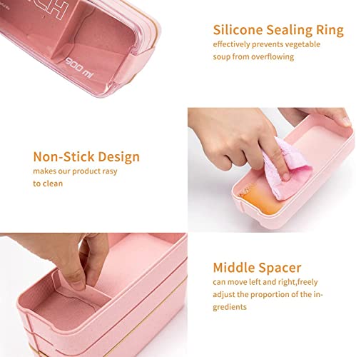 Rarapop 2 Pack Stackable Bento Box Japanese Lunch Box Kit with Spoon & Fork, 3-In-1 Compartment Wheat Straw Meal Prep Containers for Kids & Adults (Pink/Beige)