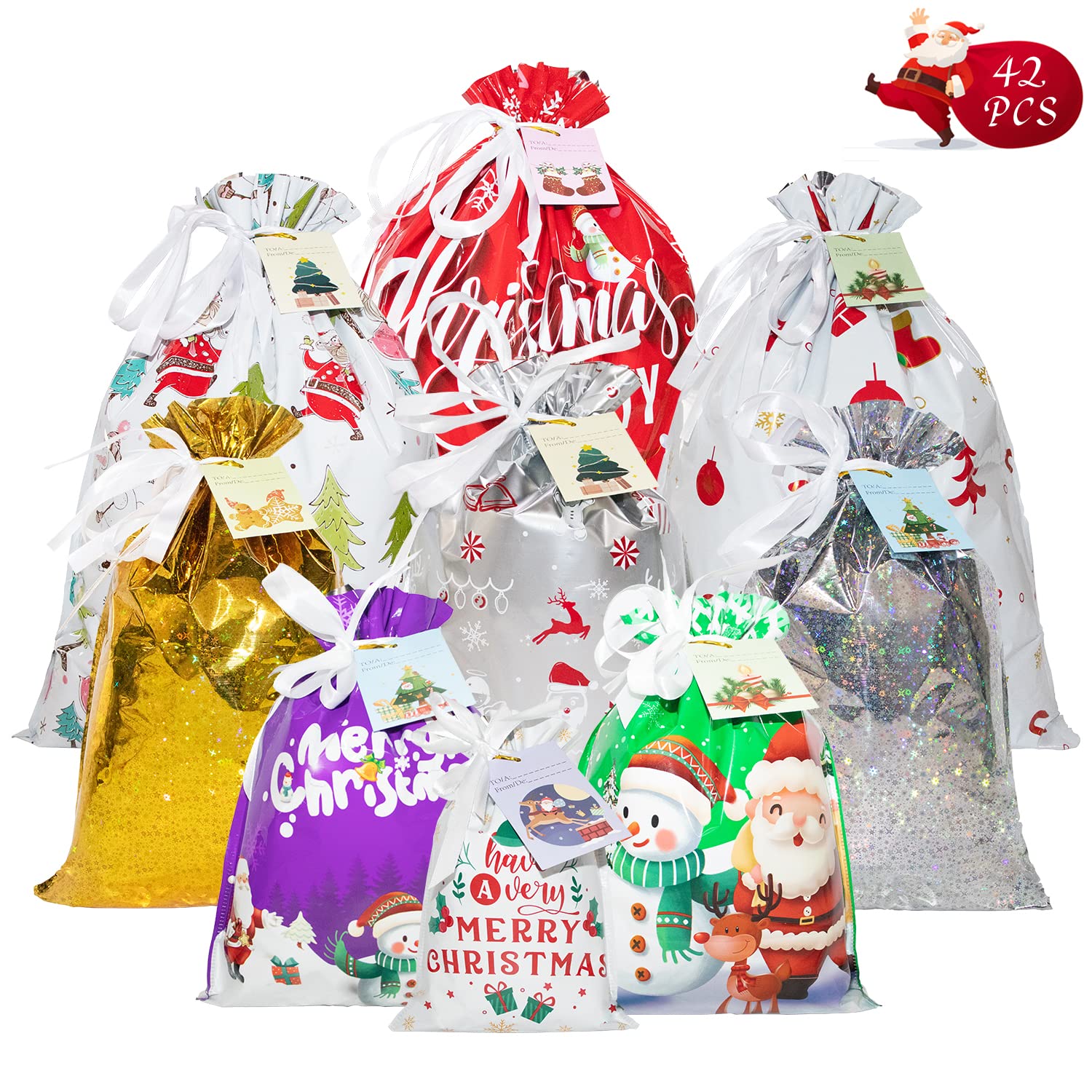 Adubor Christmas Drawstring Gift Bags - 42 PCS Assorted Sizes Christmas Gift Wrapping Bags for Christmas Decorations Small Medium Large Santa Wrapping Bags for Treat, Goodies, Party