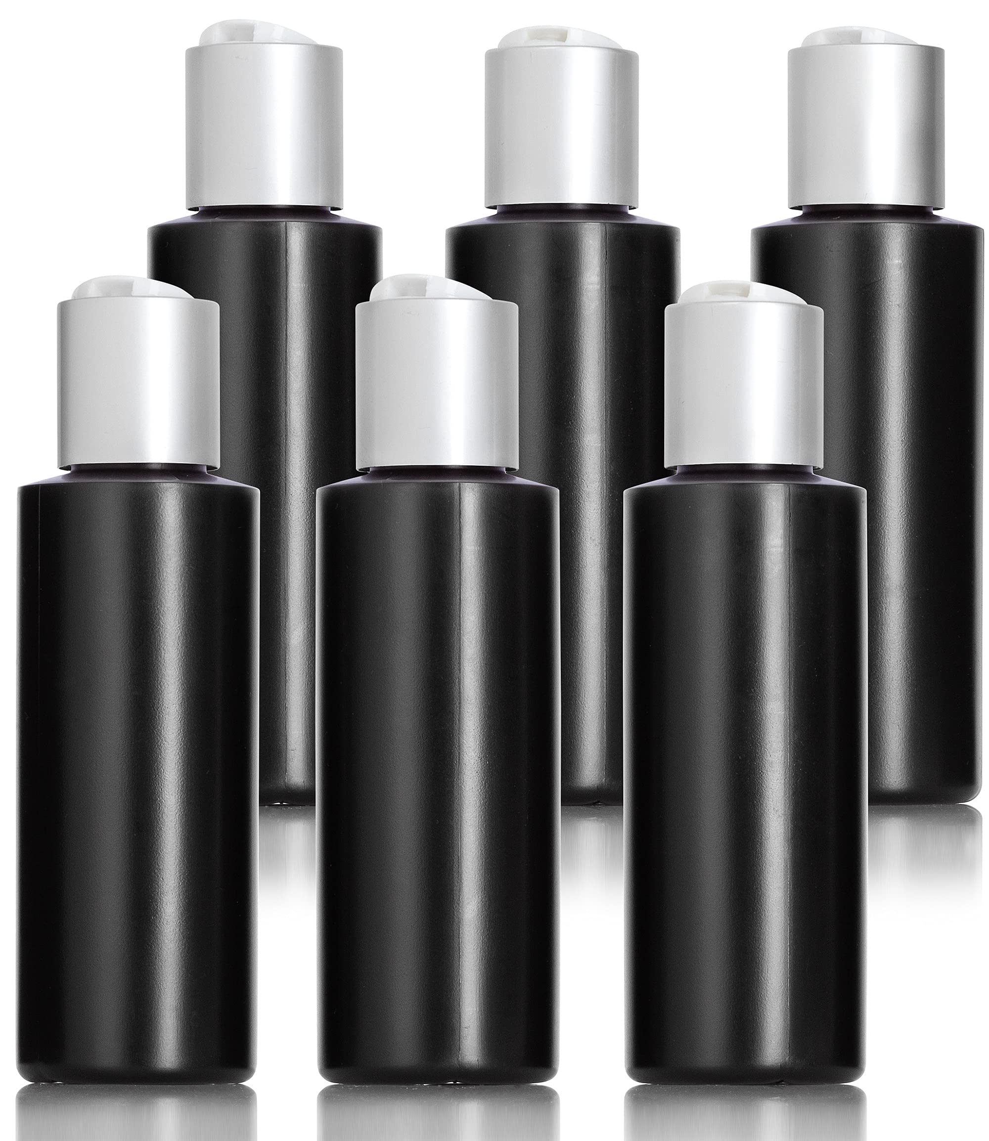 JUVITUS Black 4 oz Squeeze Cylinder Plastic (BPA Free) Empty Refillable Bottle with Silver Smooth Disc Caps (6 Pack) + Labels