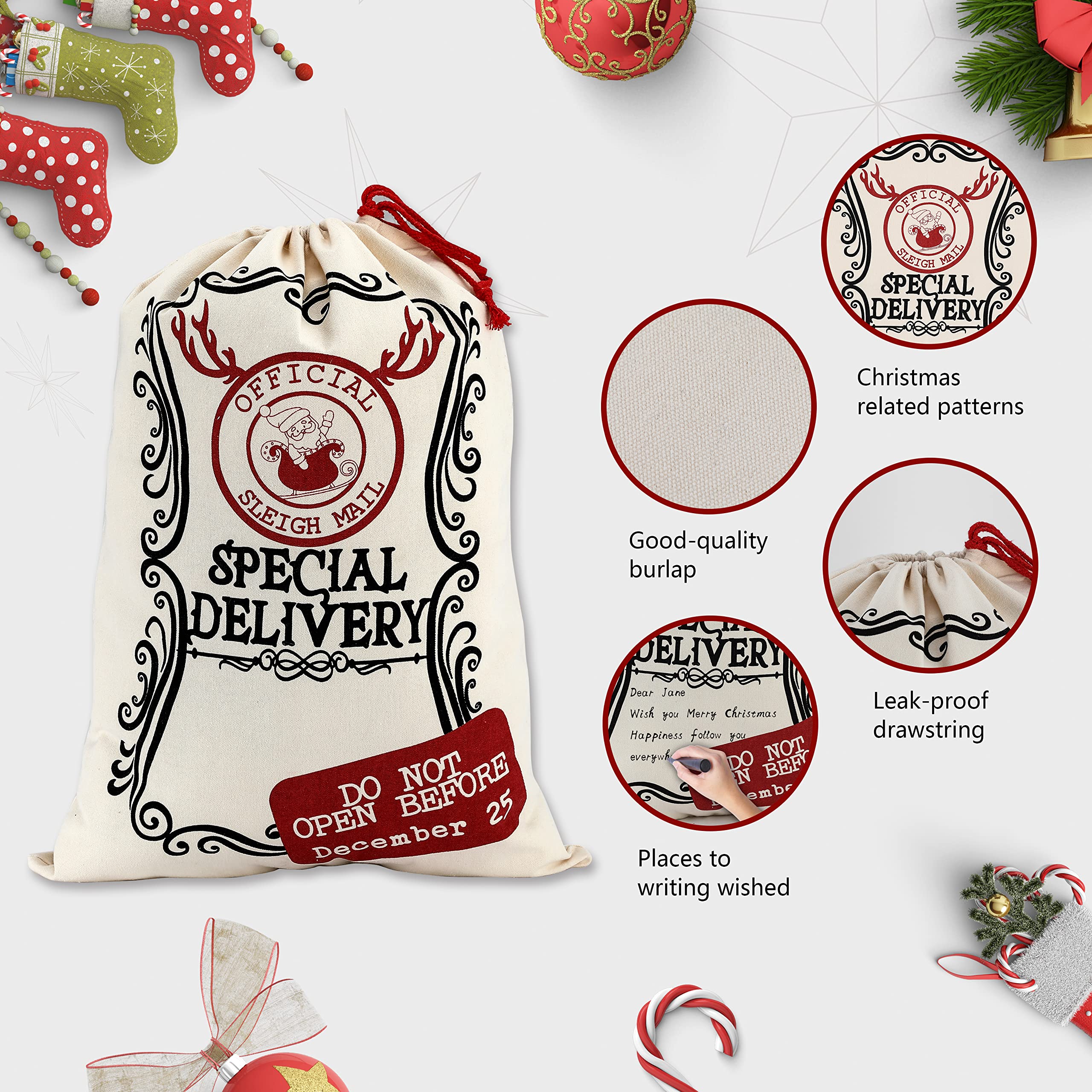 LessMo Christmas Santa Sack, Large Christmas Canvas Gift Bag with Drawstring, [Place to Write Wishes] Reusable Personalized Best Gift, for Xmas Package Storage, Christmas Party Supplies Favors