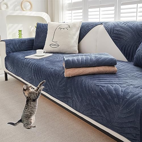 EXTLEZSA Velvet Sofa Slipcover Corner 3/2/1/4 Seater L Shape Embroidered Sofa Protector Thick Furniture Protector for Dogs Cats Kids (Navy Blue,30 * 50cm)