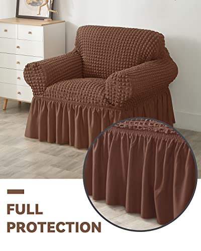 BLUESURGE Armchair Slipcover 1 Piece Couch Sofa Cover with Skirt, Durable Washable High Elastic Stretchable, Easy Fit Universal Furniture Protector (1 Seater, Brown)