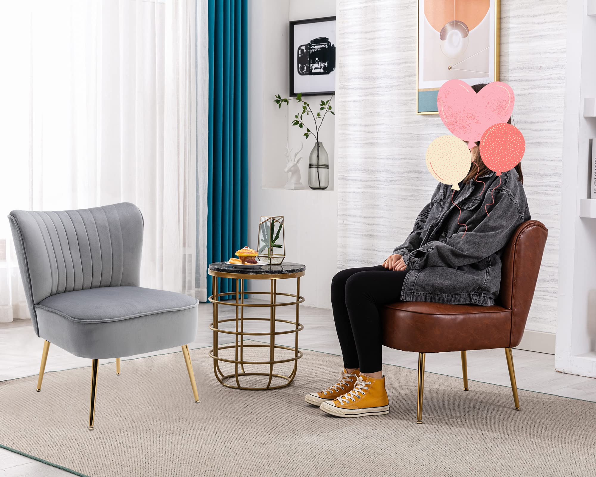 DUOMAY Modern Accent Chair Set of 2 Velvet Slipper Chair with Gold Legs Wingback Side Chair for Living Room Bedroom Entryway Small Corner Chair for Space Saving, Grey