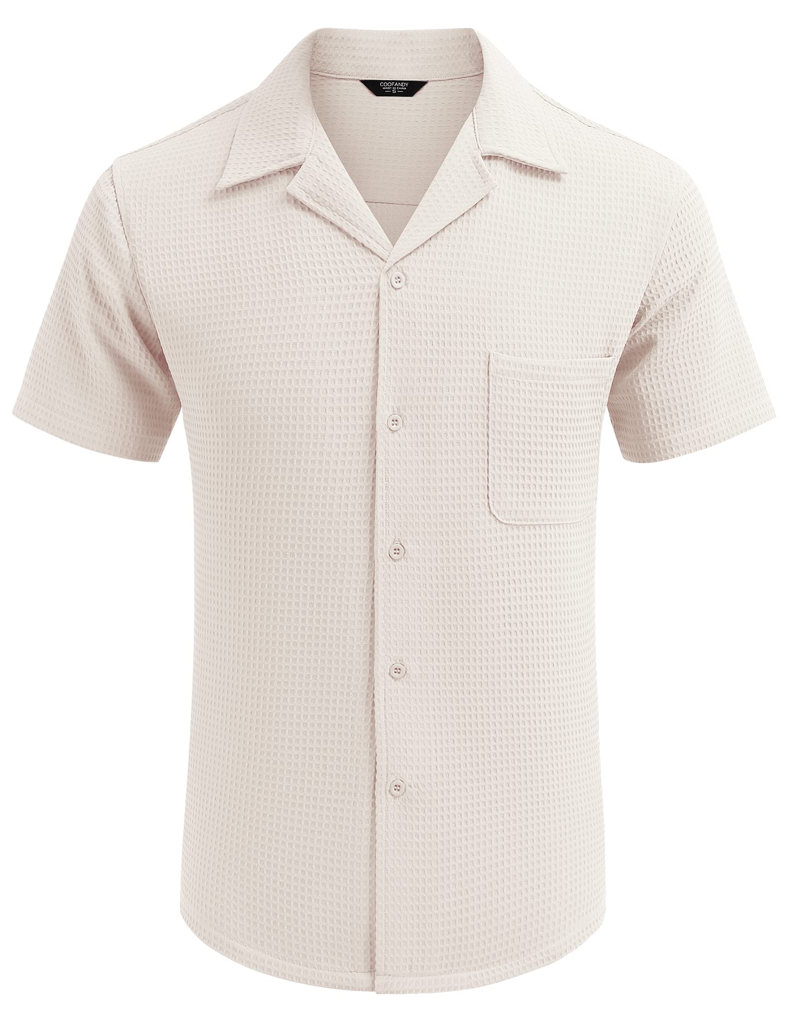 COOFANDY Men's Waffle Shirt Button Down Short Sleeve Shirt Loose Fit Cuban Beach Tops Khaki