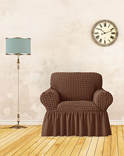BLUESURGE Armchair Slipcover 1 Piece Couch Sofa Cover with Skirt, Durable Washable High Elastic Stretchable, Easy Fit Universal Furniture Protector (1 Seater, Brown)