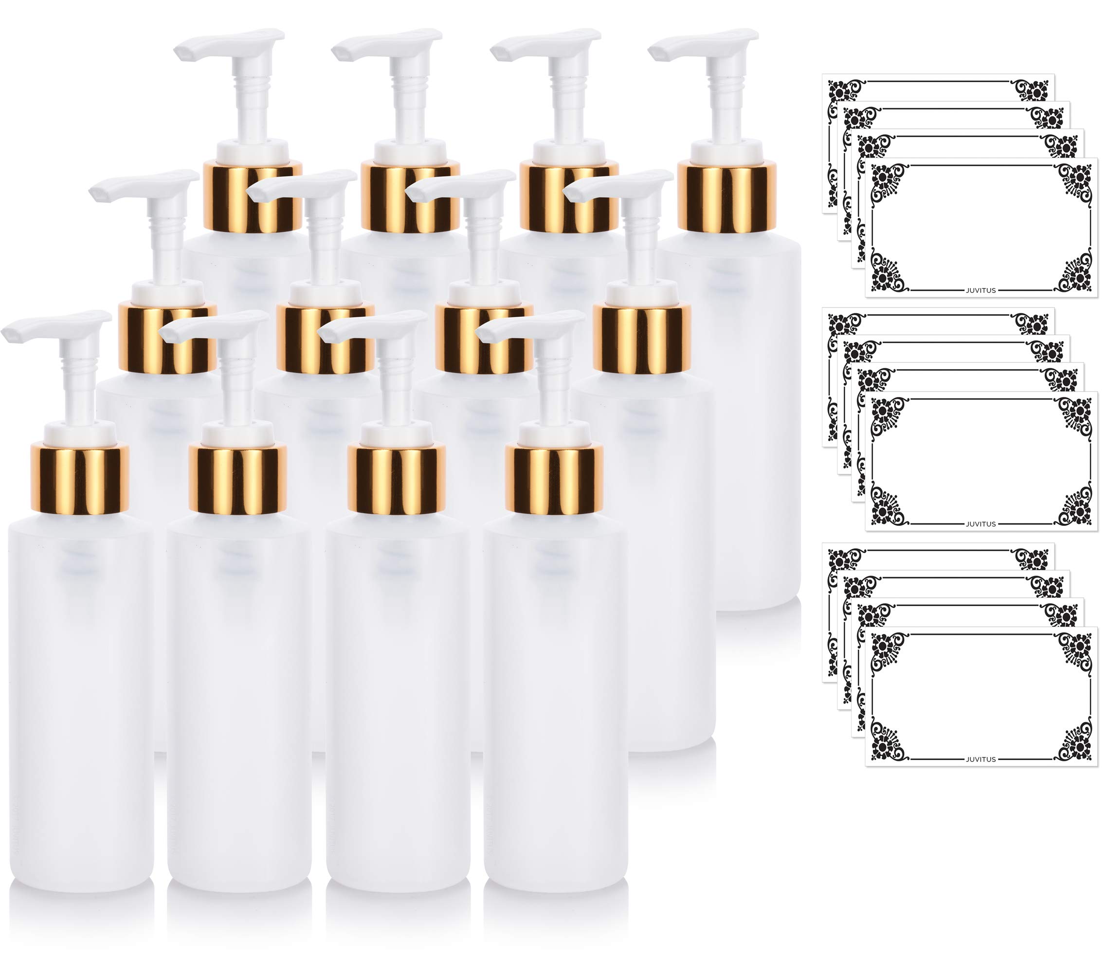 Clear Natural Large Refillable Plastic Squeeze Bottle with Gold Lotion Pump Dispenser 4 oz / 120 ml - (12 Pack) + Labels