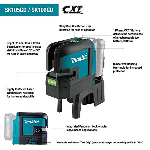 Makita SK105GDNAX 12V max CXT® Lithium-Ion Cordless Self-Leveling Cross-Line Green Beam Laser Kit (2.0Ah)