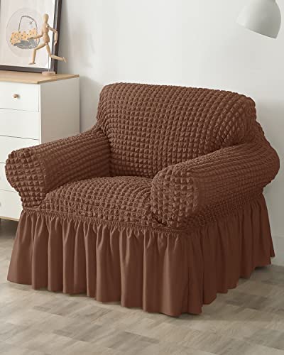 BLUESURGE Armchair Slipcover 1 Piece Couch Sofa Cover with Skirt, Durable Washable High Elastic Stretchable, Easy Fit Universal Furniture Protector (1 Seater, Brown)