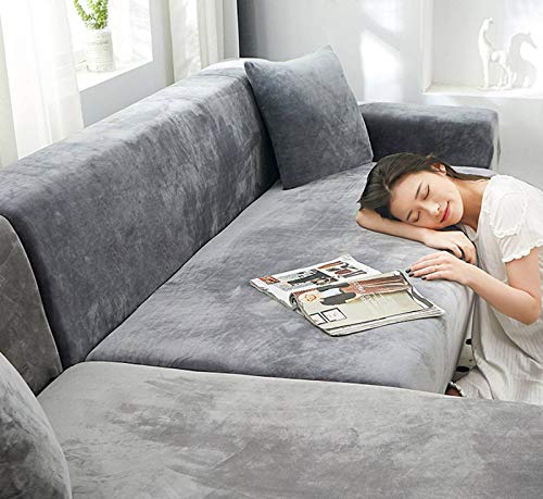 IMYOGI High Stretch Sofa Covers Velvet Sofa Cover Corner Sofa Cover Stylish Soft Durable Furniture Protector Couch Cover for 4 Cushion-4 Seater+4 Seater-Lake Blue