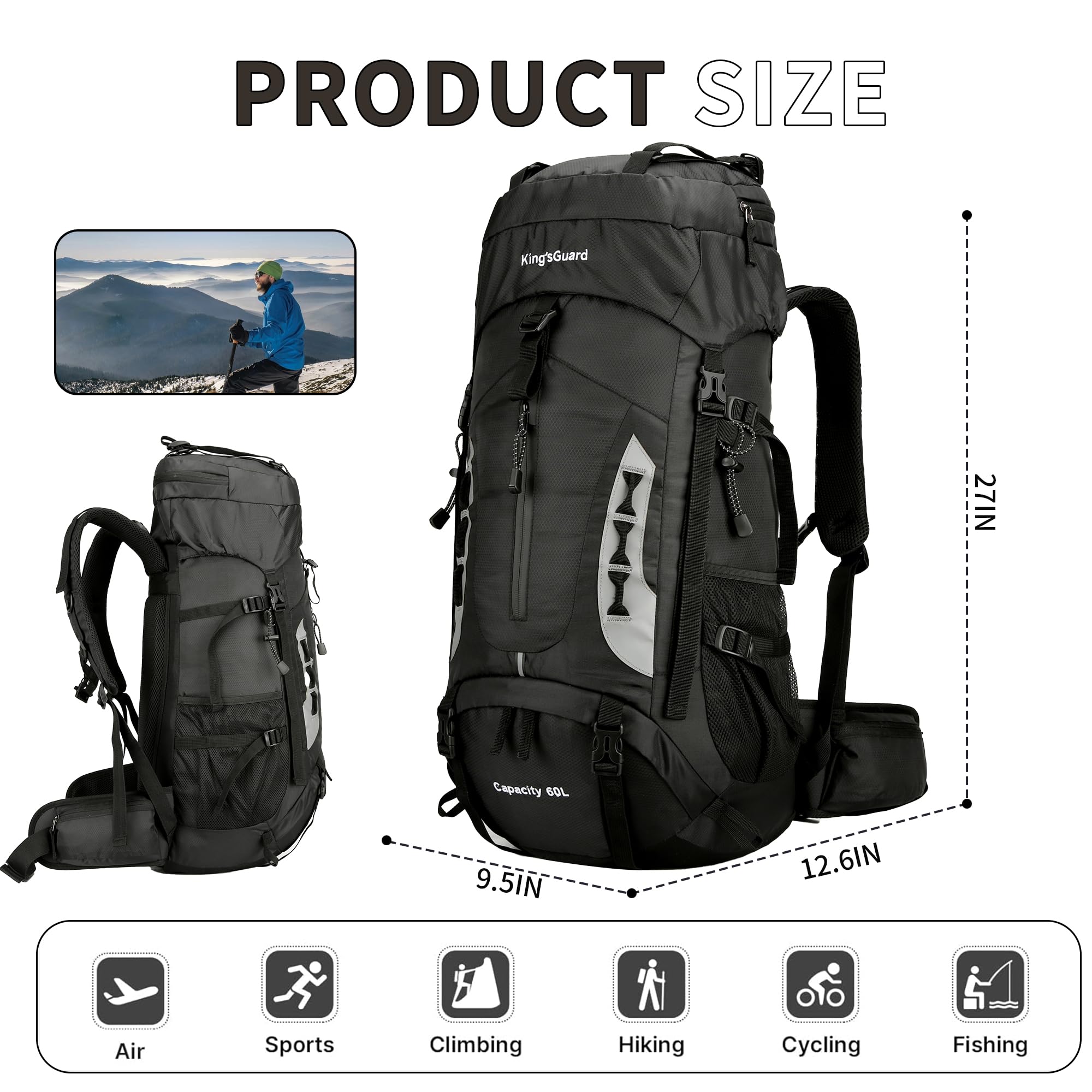 King'sGuard 60L Hiking Backpack Men Women Camping Backpack Waterproof Backpacking Mountaineering Climbing Daypack with Rain Cover (Black)