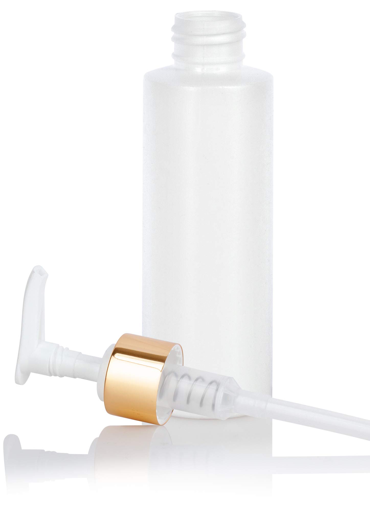 JUVITUS 4 oz / 120 ml White Plastic HDPE Refillable Cylinder Squeeze Bottle with Gold Lotion Pump (6 Pack)
